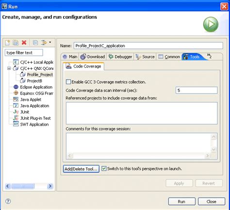Launcher Tools Tab Code Coverage Tool