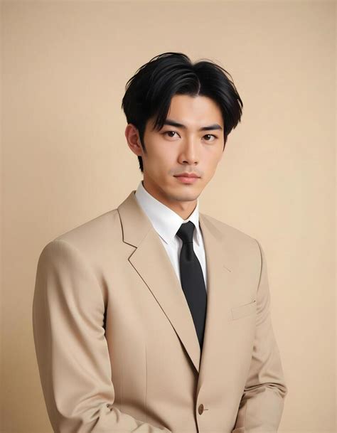 Japanese Male Model With Composed Expression Standing Against A Plain