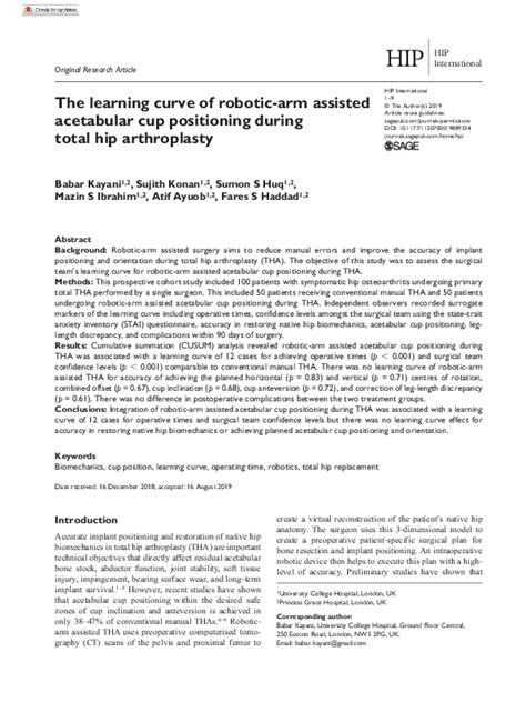 Pdf The Learning Curve Of Robotic Arm Assisted Acetabular Cup