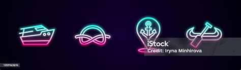 세트 라인 스피드 보트 해상 로프 매듭 앵커와 카약과 패들이있는 위치 빛나는 네온 아이콘 벡터 0명에 대한 스톡 벡터 아트 및 기타 이미지 Istock
