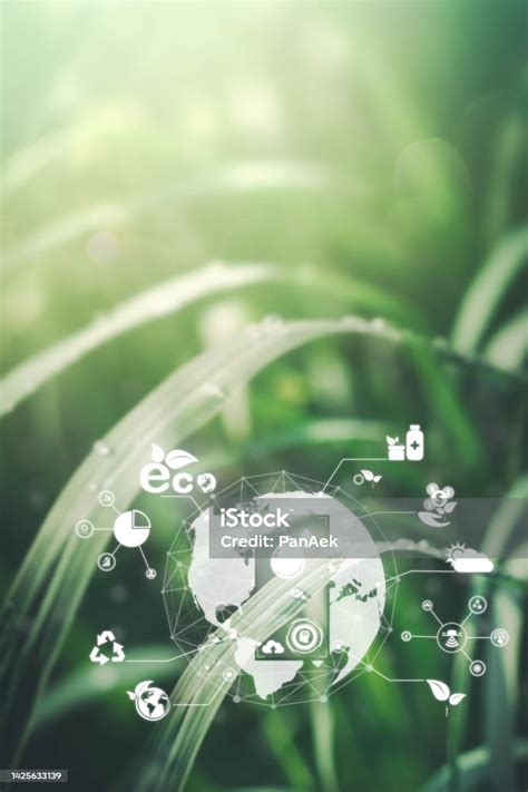 흐릿한 자연 배경 환경 및 생태학 개념에 지속 가능한 에너지 및 스마트 기술 아이콘 Ai 미래 지향적 스마트 가상 화면 사물 인터넷 소셜 미디어 빅 데이터 메타버스 제로