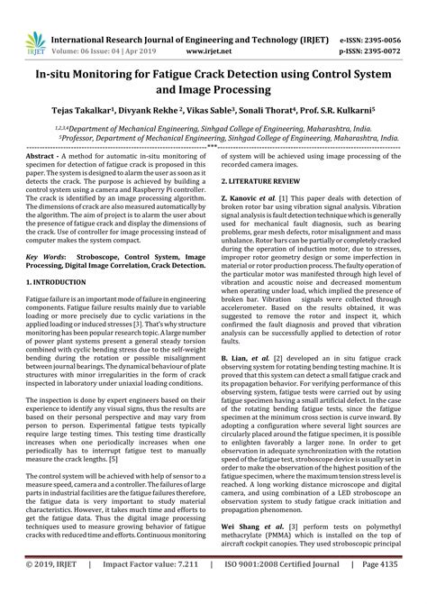 Irjet In Situ Monitoring For Fatigue Crack Detection Using Control System And Image Processing
