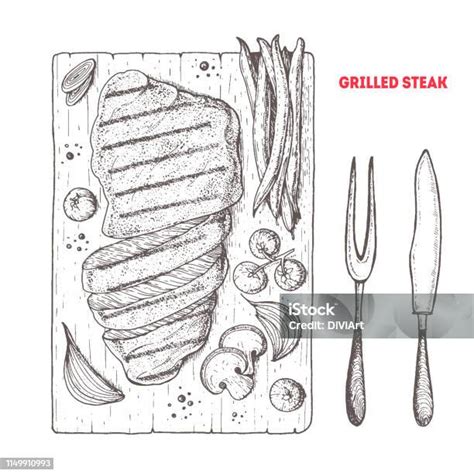 그릴 스테이크 벡터 스케치 고기 요리 그림입니다 바베 큐 고기와 채소 스테이크에 대한 스톡 벡터 아트 및 기타 이미지