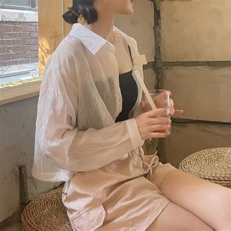💜여리핏보장💜 시스루 크롭 남방 얇은 블라우스 루즈핏 카라셔츠 긴팔 남방 스트링 간절기 숏자켓 오간자 에이블리