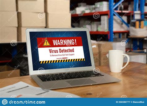 Virus Warning Alert On Computer Screen Detected Modish Cyber Threat Stock Image Image Of Desk