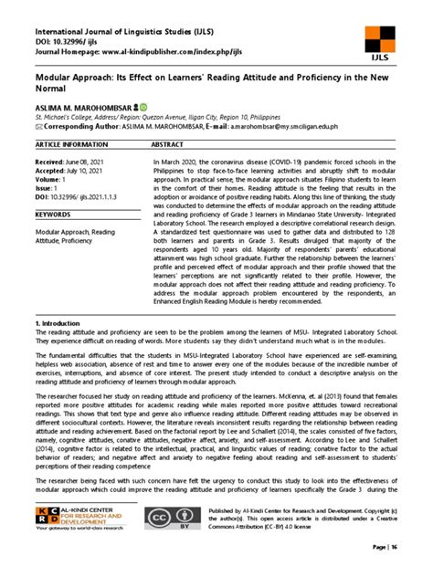 modular approach its effect on learners reading attitude and proficiency in the new normal