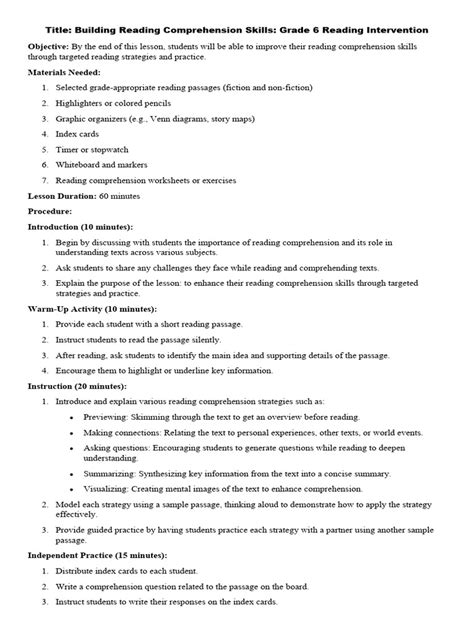 Reading Lesson Plan G6 Pdf Reading Comprehension Behavior Modification