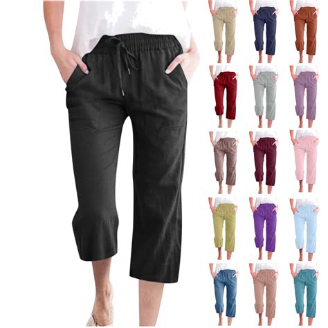 Qatainlav Cotton Linen Capris For Women Loose Fit Cropped Trousers