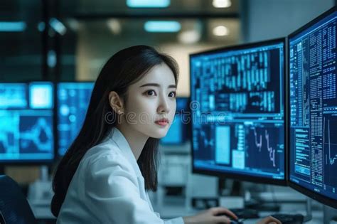 Asian Professionals Analyzing Complex Data On Various Screens In A Modern Office Stock