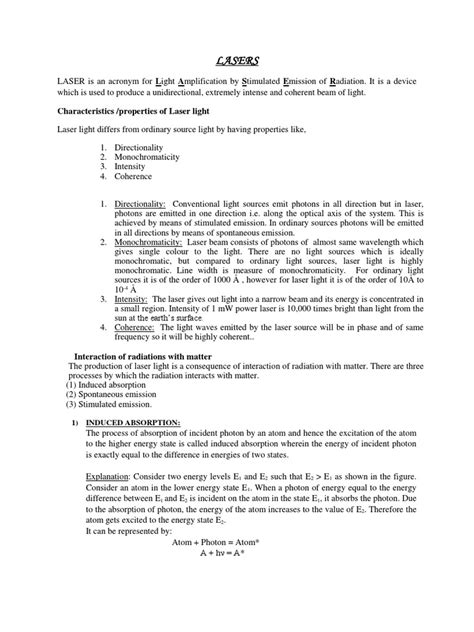 Lasers Notes Pdf Laser Emission Spectrum