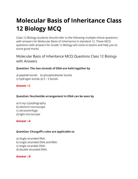 SOLUTION Molecular Basis Of Inheritance Class Biology Mcq Study Material Studypool