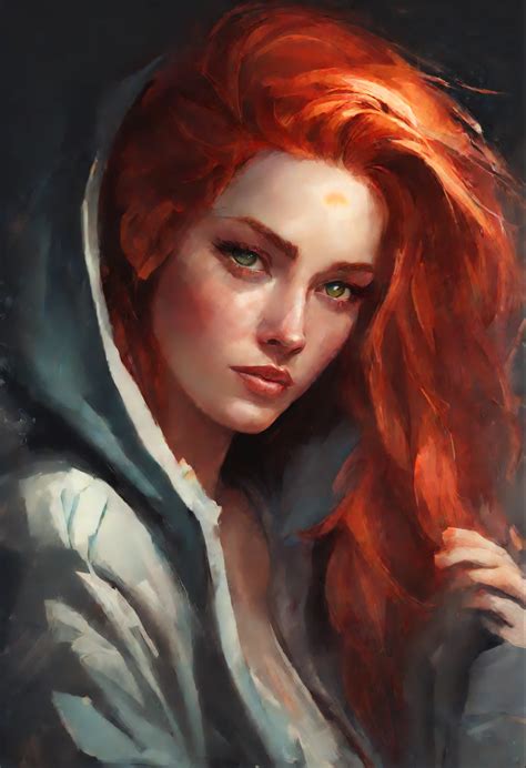 빨간 머리에 후드티를 입은 여성의 그림 Seaart Ai