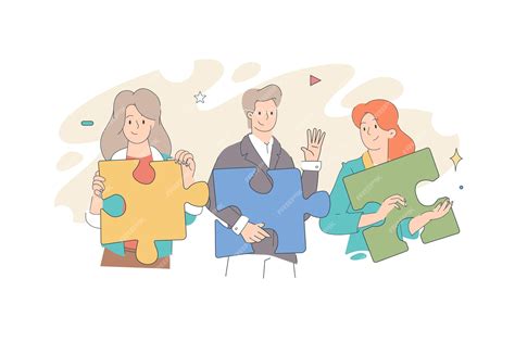 Premium Vector Teamwork And Collaboration Concept With Four Diverse Multiracial People With Puzzle