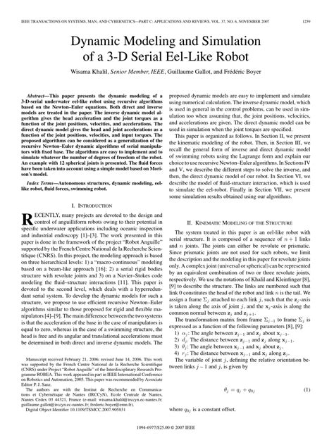 Pdf Dynamic Modeling Of A 3 D Serial Eel Like Robot