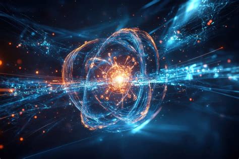 Visual Representation Of Atom With Vibrant Energy And Light Effects In A Dark Background Stock