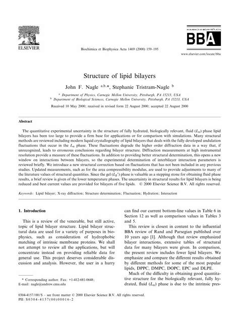 PDF Structure Of Lipid Bilayerslipid Phys Cmu Edu Bba Bba Pdf Structure Of Lipid Bilayers