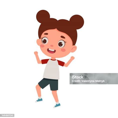 귀여운 아이 행복 한 소녀 점프입니다 만화 여학생 캐릭터 쇼 표정 벡터 그림 감정에 대한 스톡 벡터 아트 및 기타 이미지