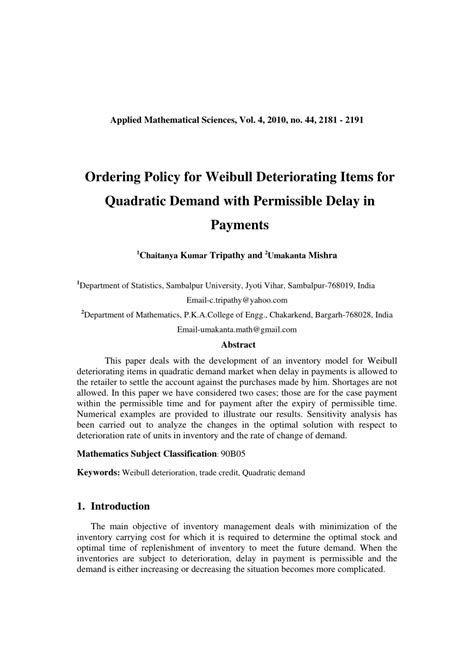 Pdf Ordering Policy For Weibull Deteriorating Items For Quadratic Demand With Permissible