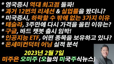 오늘의 미국주식뉴스 테슬라 3주만에 다시 가격 인상 미국증시 하락 전망의 3가지 이유 구글 바드 챗봇 출시 온세미컨덕터 어닝 결과 인공지능 Etf 보유