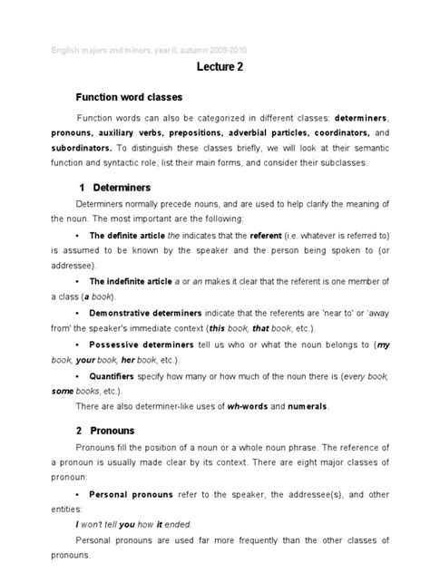 Function Word Classes English Majors And Minors Year Ii Autumn 2009 2010 Pdf Preposition