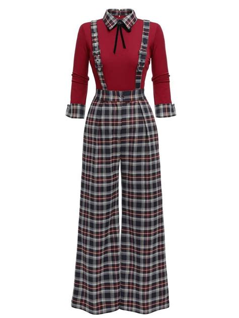 2pcs Red Plaid Lapel Tops And Butterfly Plaid Jumpsuit Retro Stage