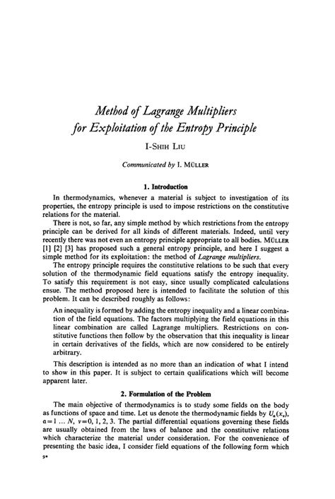 Pdf Method Of Lagrange Multipliers For Exploitation Of The Entropy Principle