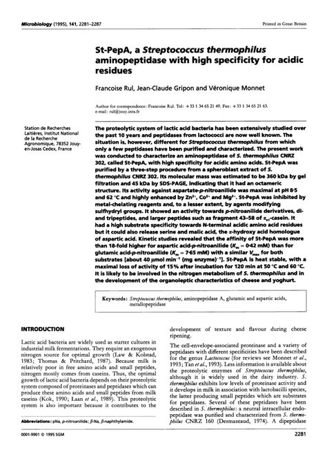 Pdf St Pepa A Streptococcus Thermophilus Aminopeptidase With High