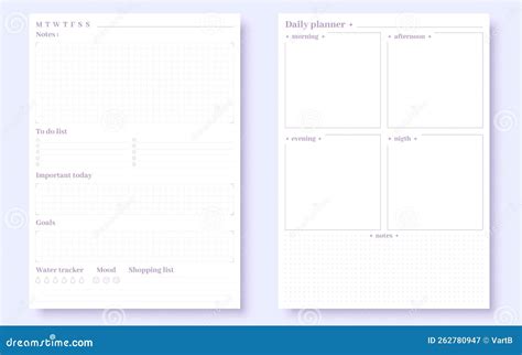 Daily Planner Time Day Blank Cute Purple Flat Set Stock Vector Illustration Of Memo Notebook