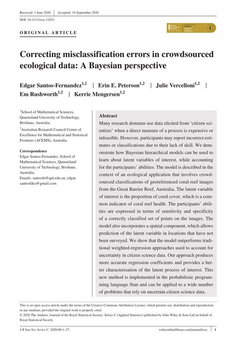 Pdf Correcting Misclassification Errors In Crowdsourced Ecological Data A Bayesian Perspective