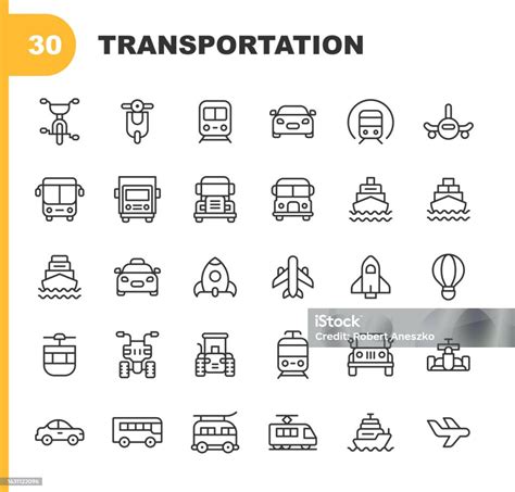 교통 라인 아이콘 편집 가능한 스트로크 픽셀 완벽한 모바일 및 웹용 비행기 자동 자전거 보트 버스 자동차 크루즈 화물 물류