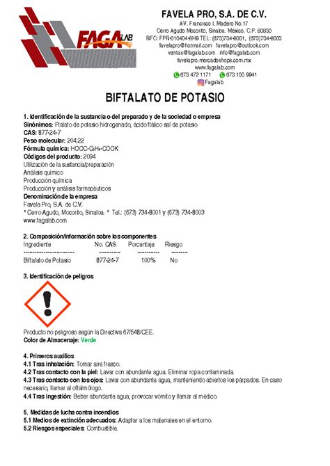 Biftalato De Potasio Hoja De Seguridad Biftalato De Potasio 1