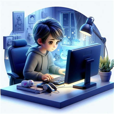 A Boy Is Working On A Computer In A Room With A Picture Of A Boy On The