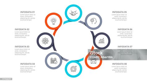 원이 있는 순환 다이어그램 인포그래픽 8 가지 옵션 단계 또는 부품이있는 현대적인 인포 그래픽 디자인 템플릿 비즈니스 프레젠테이션을 위한 플랫 벡터 일러스트레이션 0명에