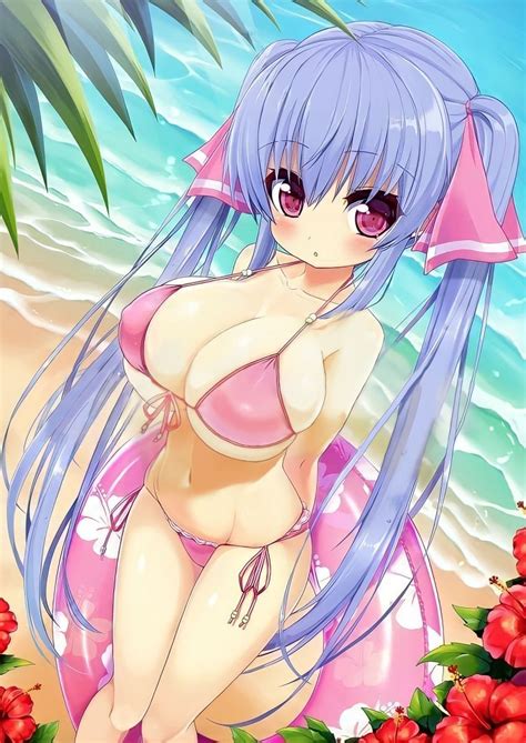Rule 34 Arms Behind Back Barely Contained Beach Big Breasts Bikini Blue Hair Clothed Floatie