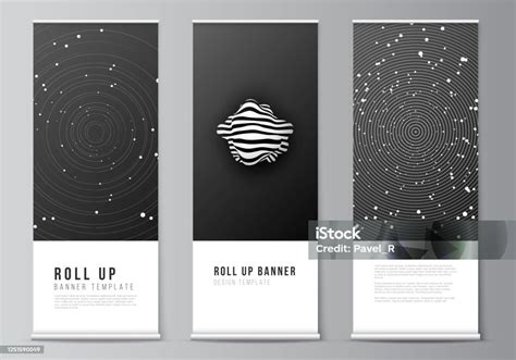 수직 전단지 플래그 디자인 템플릿 배너 스탠드 광고 디자인 모형을 위한 모형 디자인 템플릿을 롤업하는 벡터 레이아웃 기술 과학 미래 배경 공간 디자인 천문학 개념 개념에