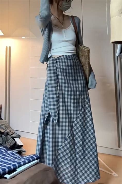 핑크프릴 Set 그레이 긴팔 니트 가디건이너 나시체크 A라인 롱스커트 3p 셋업