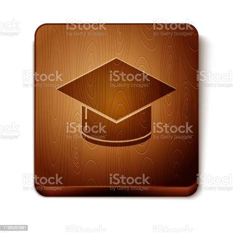 흰색 배경에 격리 된 갈색 졸업 캡 아이콘입니다 태슬 아이콘이 있는 졸업 모자 나무 사각형 버튼입니다 벡터 일러스트레이션 교육에