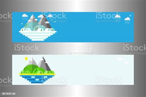 설정된 웹 배너 템플릿 바다 해변 언덕 나무와 산와 현대적인 평면 디자인 개념 풍경 벡터 일러스트입니다 0명에 대한 스톡 벡터