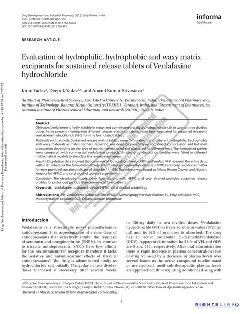 Pdf Evaluation Of Hydrophilic Hydrophobic And Waxy Matrix Excipients For Sustained Release
