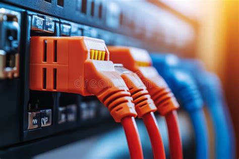 Close Up Of Orange Ethernet Cables Plugged Into A Network Switch Illustrating Data Transfer And