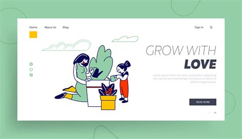 어머니와 딸 원예 취미 웹 사이트 방문 페이지 정원에 있는 식물의 여자와 소녀 배려 꽃과 식물의 급수 및 배려 웹 페이지 배너 만화 플랫 벡터 일러스트 라인 아트 시간에