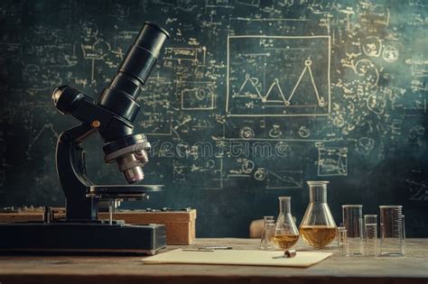 A Scientific Workspace Featuring A Microscope And Glassware Against A Chalkboard Background