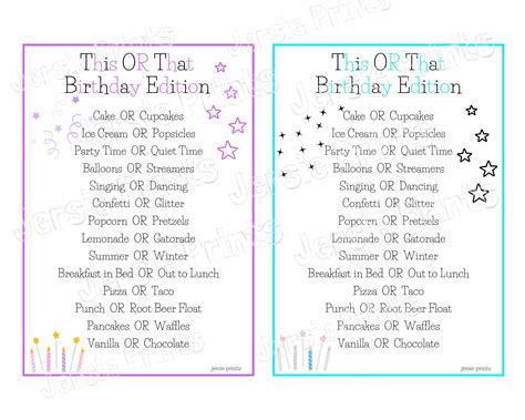 This Or That Birthday Edition Birthday Game Party Favor Birthday