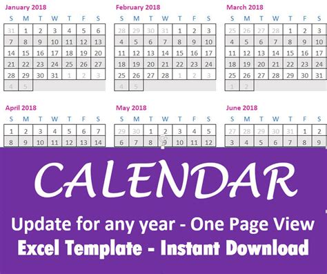 Calendar Excel One Page Full Year Updates For ANY YEAR Etsy