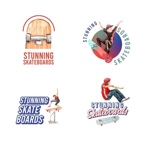 브랜드 및 마케팅 수채화 벡터 일러스트 레이 션에 대 한 스케이트 보드 디자인 개념 로고 무료 벡터