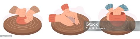 수제 냄비를 만들기 위해 도자기 바퀴에서 일하는 장인 주전자를 만드는 포터 몰딩 점토의 클로즈업 보기 공예에 대한 스톡 벡터