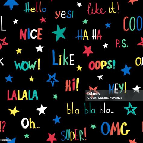 화려한 단어와 기호와 밝은 매끄러운 패턴 청소년을위한 배경 화면 문구 키트 직물 및 의류에 인쇄하기위한 세련된 스타일 슈퍼 와우