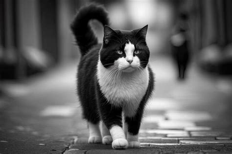 Un Bonito Gato Blanco Y Negro Camina Por La Calle Retrato De Fotografía