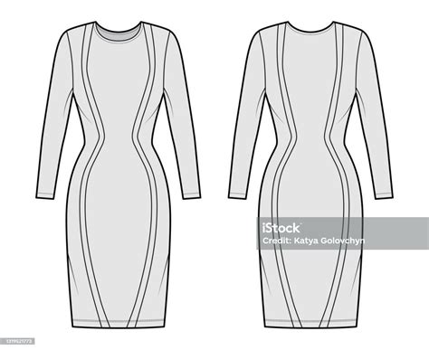 드레스 패널 기술 패션 일러스트와 모래 시계 실루엣 긴 소매 장착 무릎 길이 연필 스커트 0명에 대한 스톡 벡터 아트 및 기타 이미지 Istock