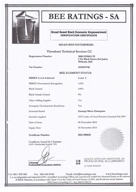 Thembani Technical Services C C Bee Certificate